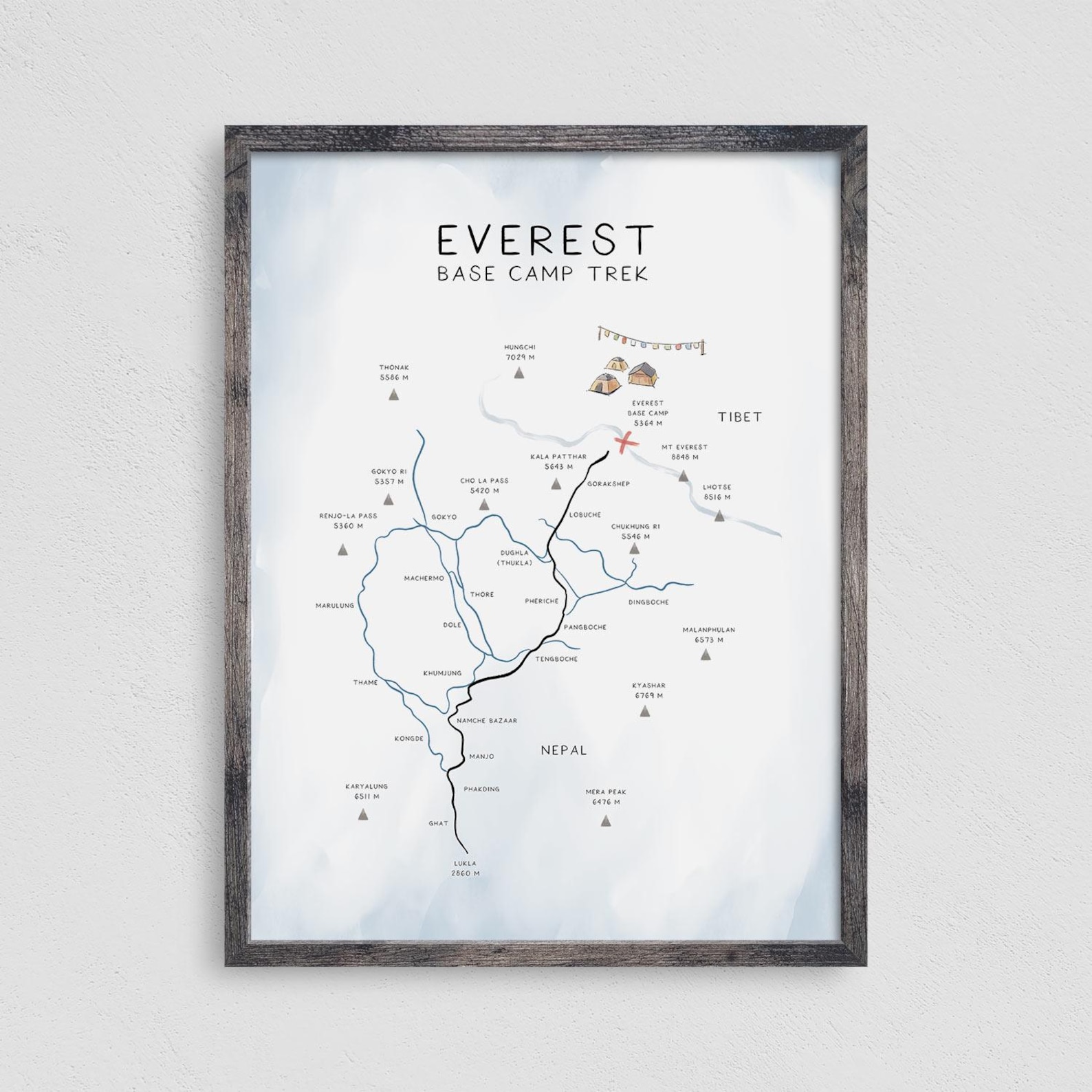 Everest Base Camp Trek Poster Print, Hiking Map Wall Art, Trail Art ...
