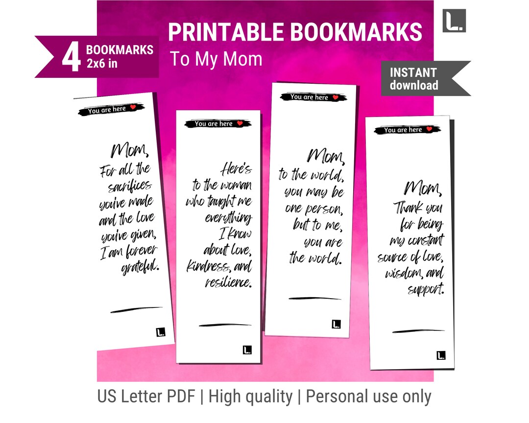 Printable Bookmarks to My Mom Set of 4 Bookmarks Bookmarks for Mom Gift ...