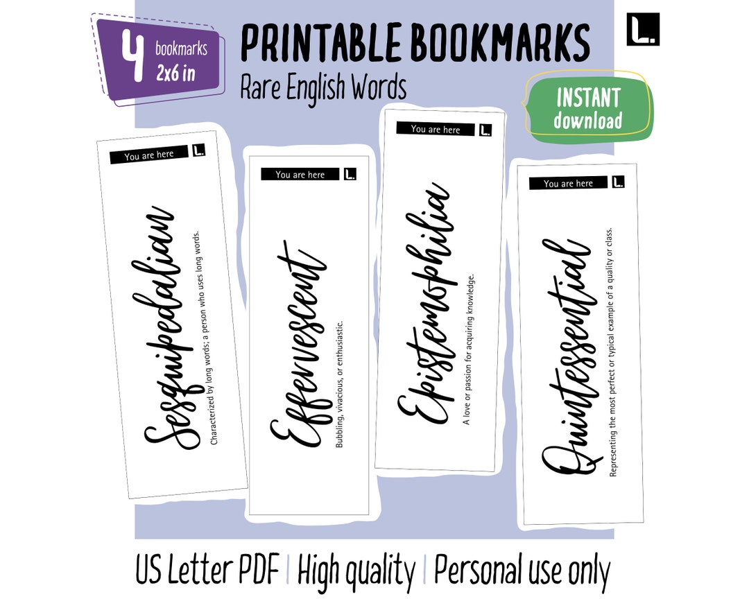 Printable Bookmarks Rare English Words Set of 4 Printable Bookmarks ...