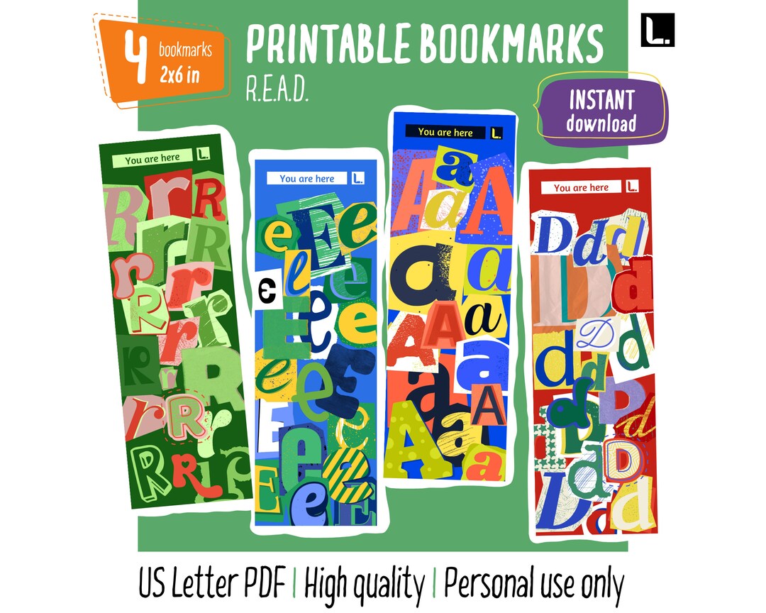 Printable Bookmarks R.E.A.D. Set of 4 Printable Bookmarks Letters ...