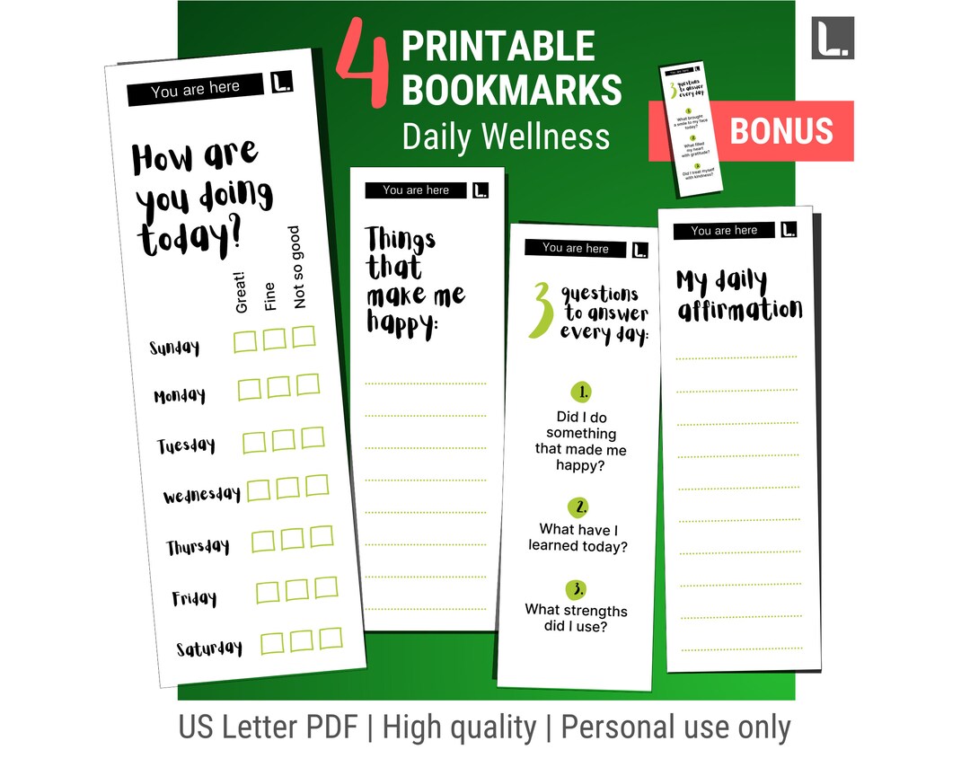 Printable Bookmarks Daily Wellness Set of 4 Printable Bookmarks 1 Bonus ...