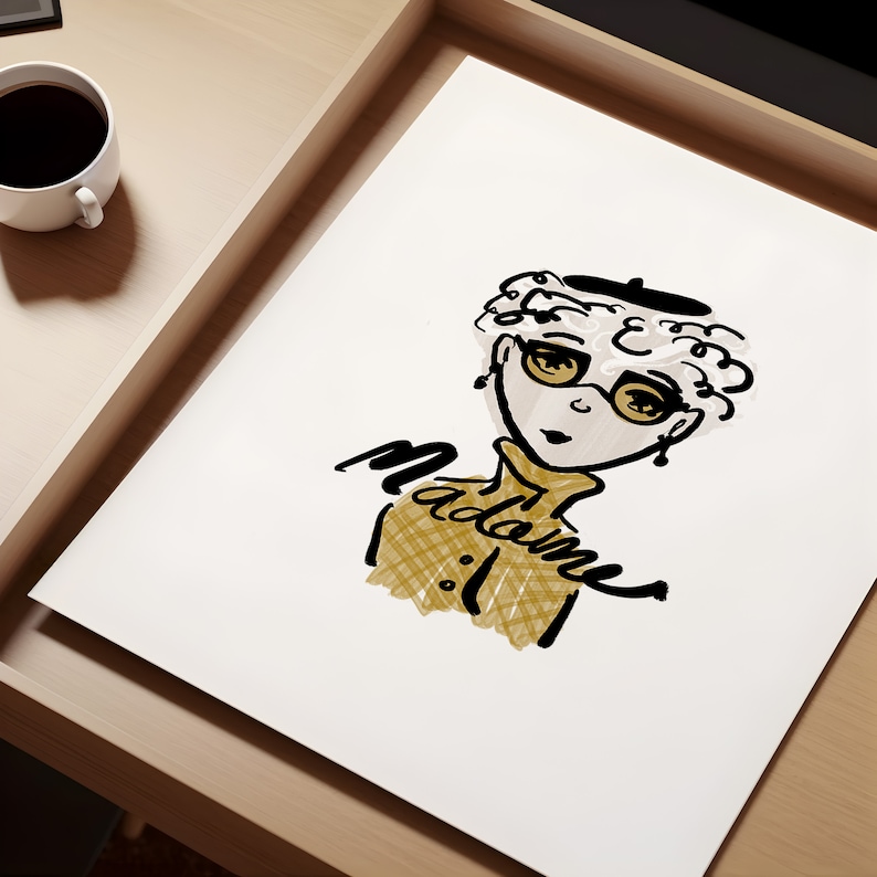 Madame French Lady Illustration Poster - Vintage Line Art Woman in ...