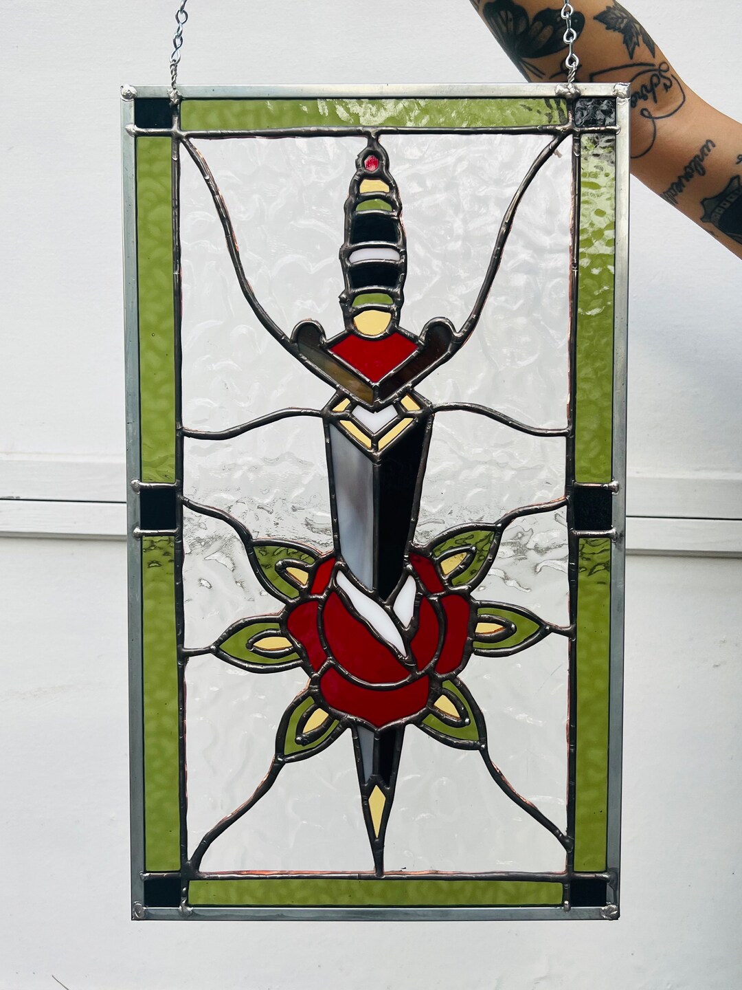 Traditional Rose & Dagger Stained Glass Panel - Etsy