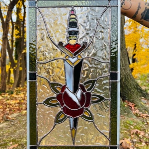 Traditional Rose & Dagger Stained Glass Panel - Etsy