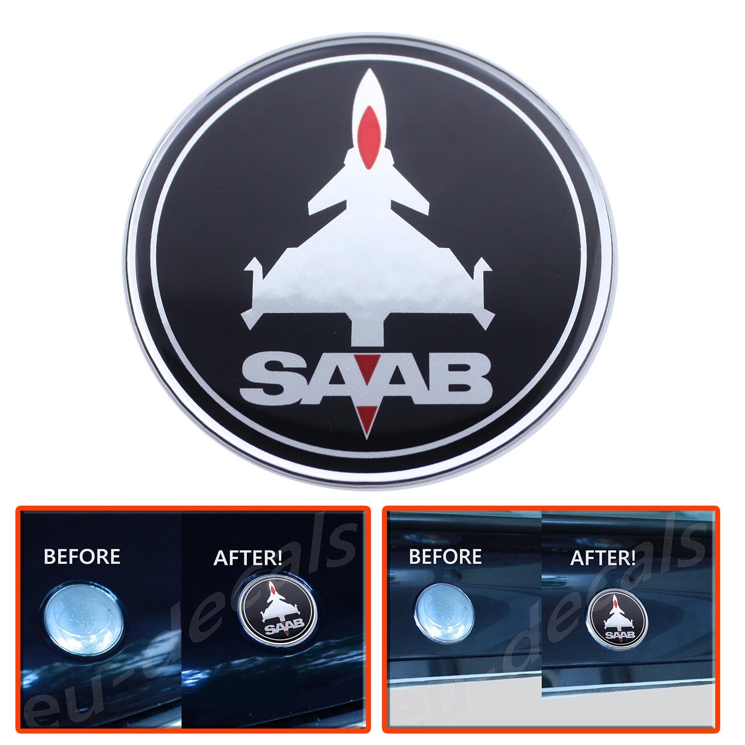 JET Plane SAAB Black Chrome Red Badge Bonnet Hood Trunk Hatch Steering ...