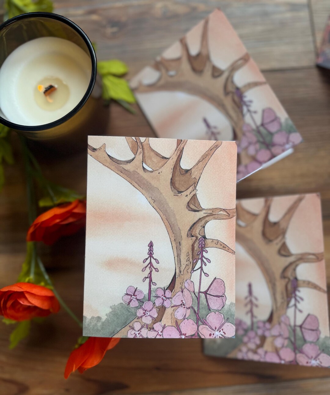 Note Cards Pack of 3 “fire and Bone” Caribou Antler and Fireweed for ...