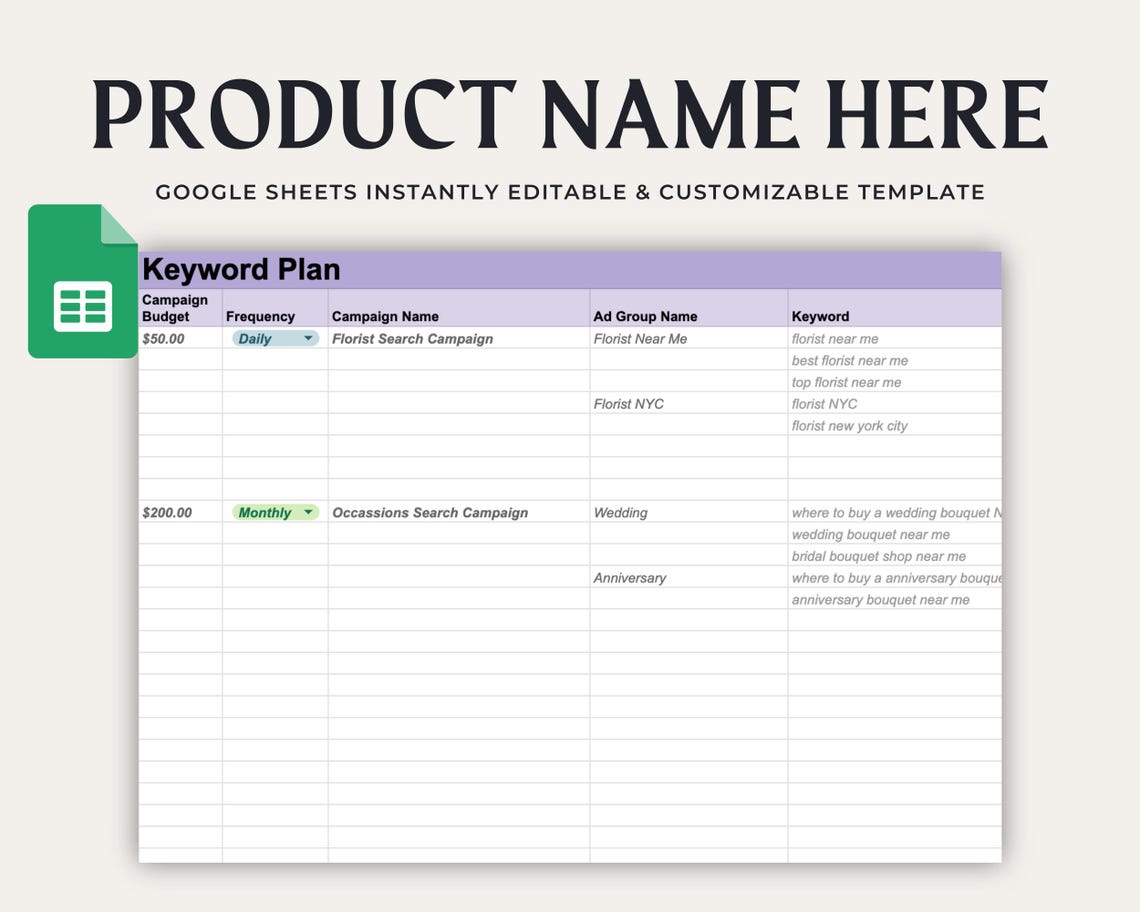 Simple Keyword Planner Template, Google Sheet | Organize Campaign, Ad ...