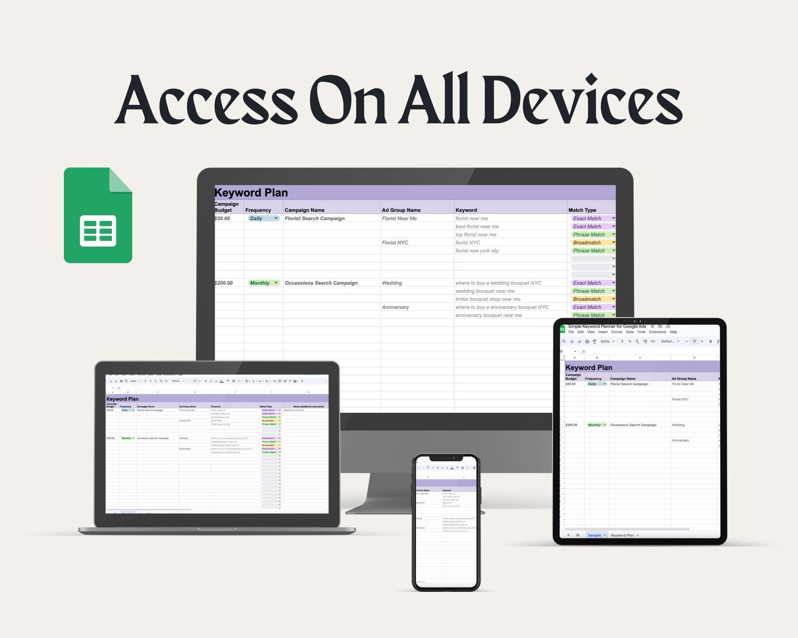 Simple Keyword Planner Template, Google Sheet | Organize Campaign, Ad ...