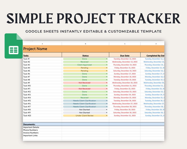 Simple Project Planner Management & Tracker Template, Google Sheet ...