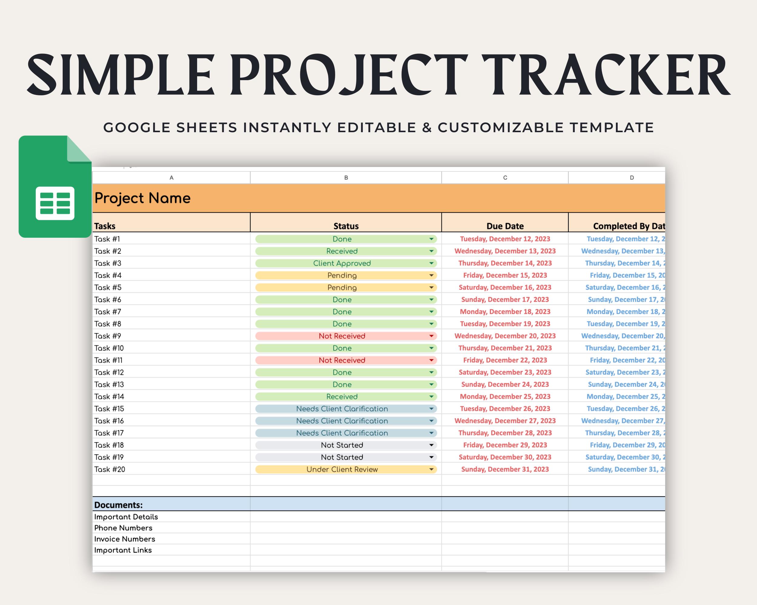 Simple Project Planner Management & Tracker Template, Google Sheet ...