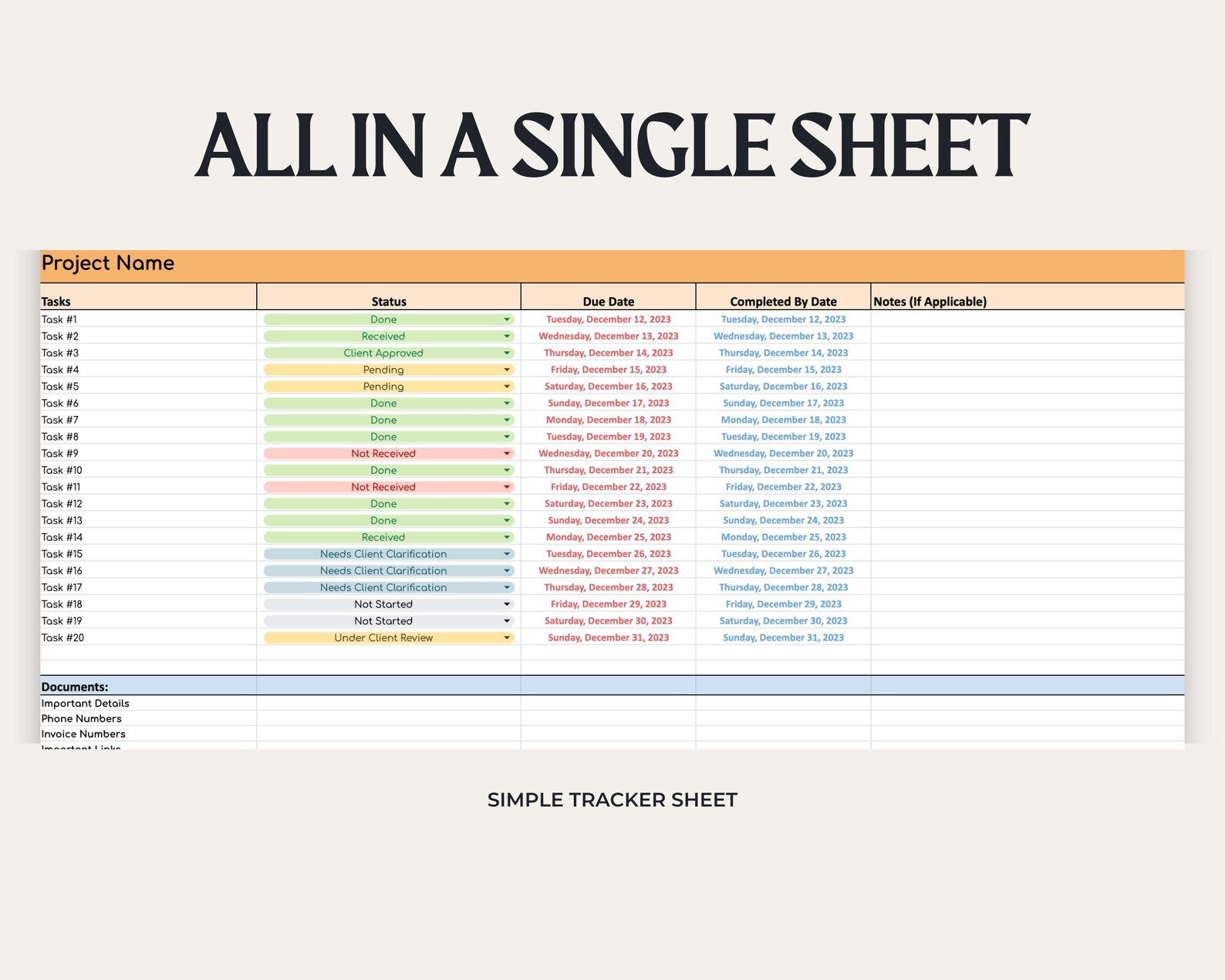 Simple Project Planner Management & Tracker Template, Google Sheet ...