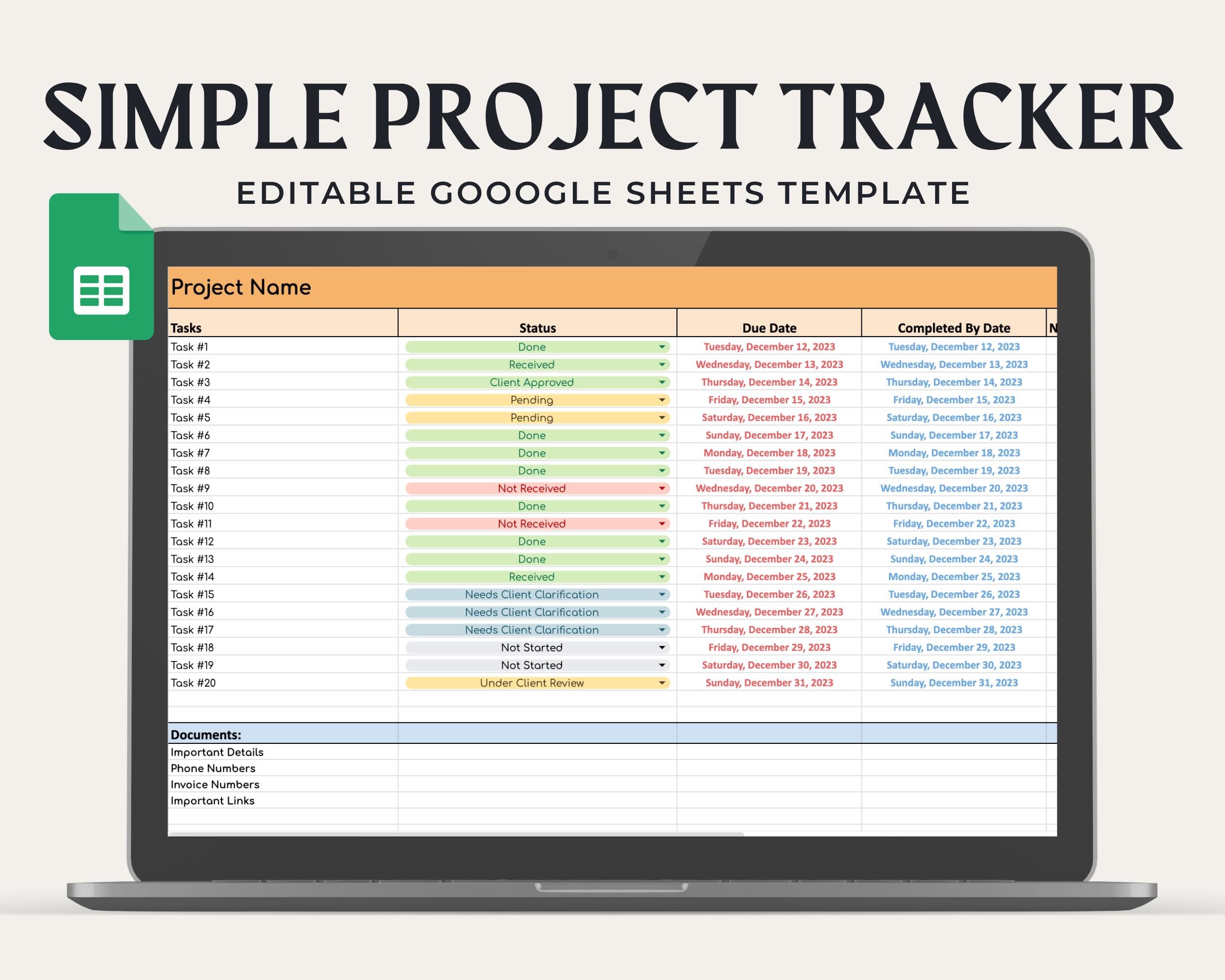 Simple Project Planner Management & Tracker Template, Google Sheet ...