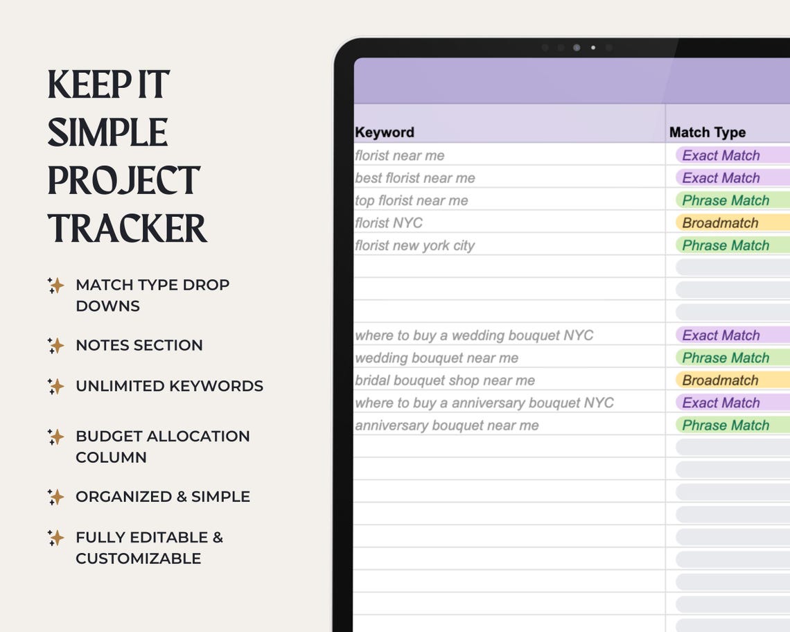 Simple Keyword Planner Template, Google Sheet | Organize Campaign, Ad ...