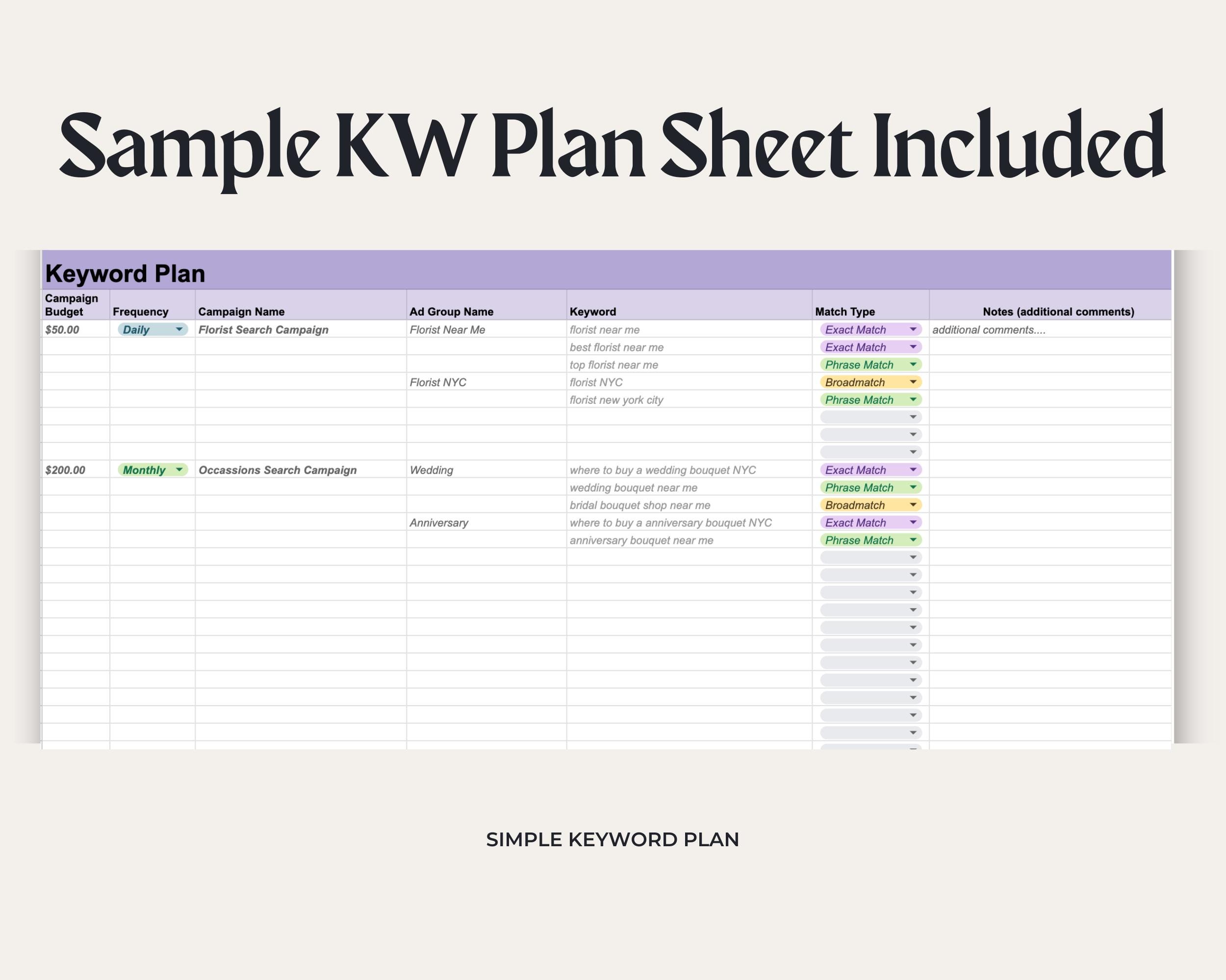 Simple Keyword Planner Template, Google Sheet | Organize Campaign, Ad ...