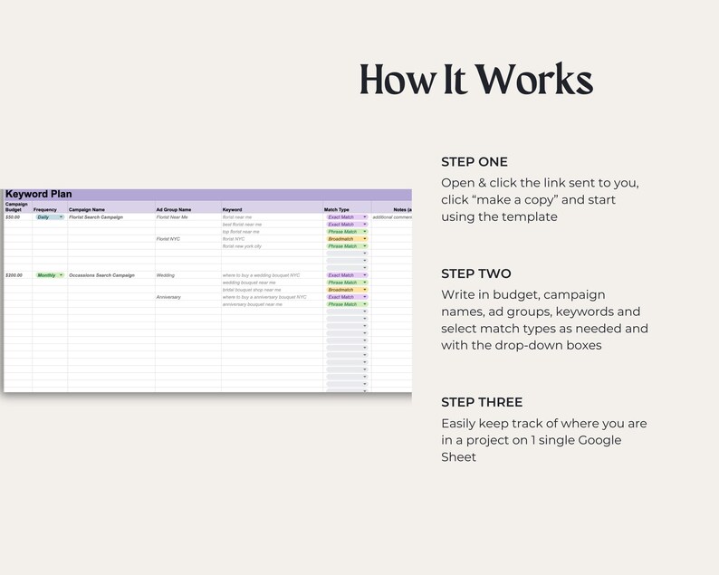 Simple Keyword Planner Template, Google Sheet | Organize Campaign, Ad ...