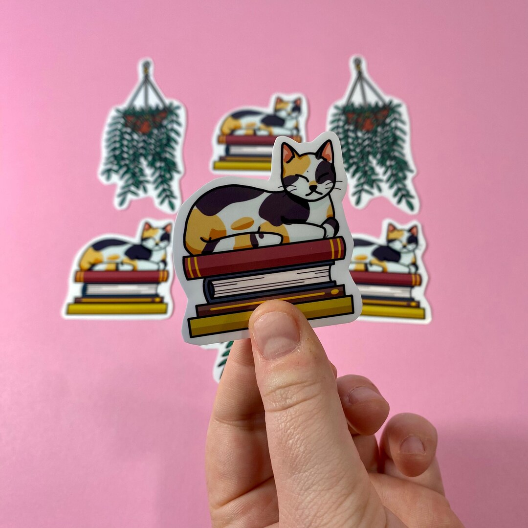 Calico Cat Book Stack Vinyl Sticker - Etsy