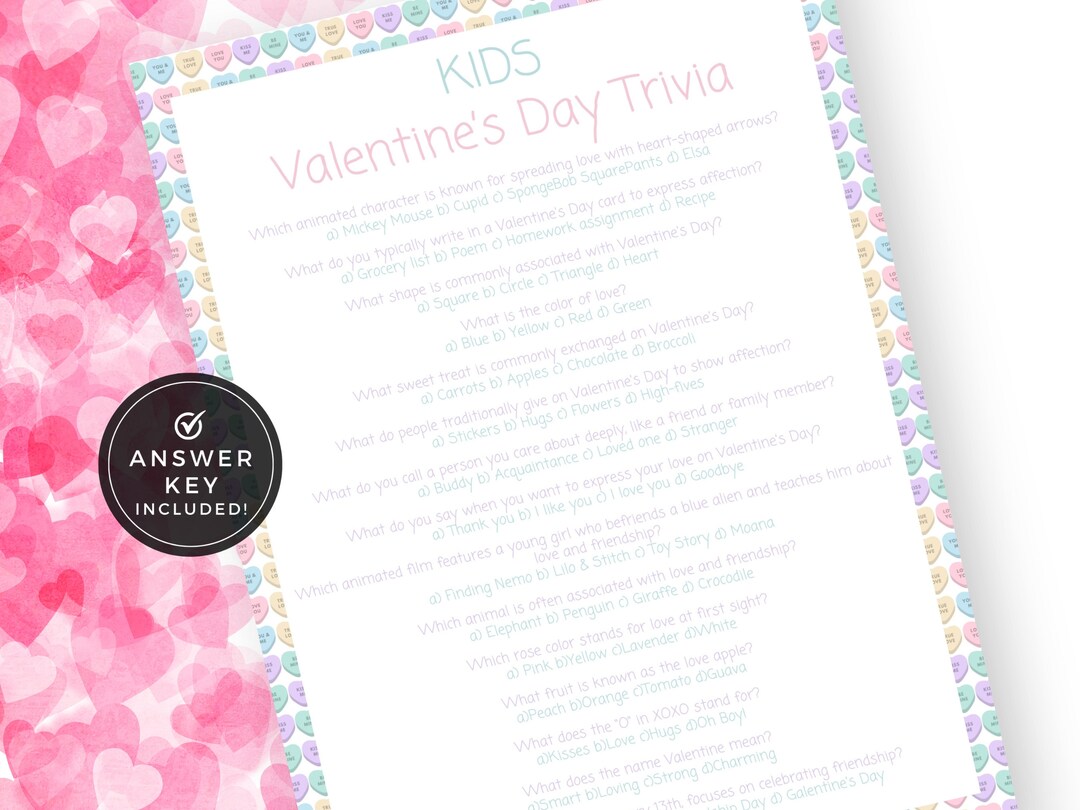 Valentine's Day Trivia Printable. Party Game for Kids . Fun Valentine ...