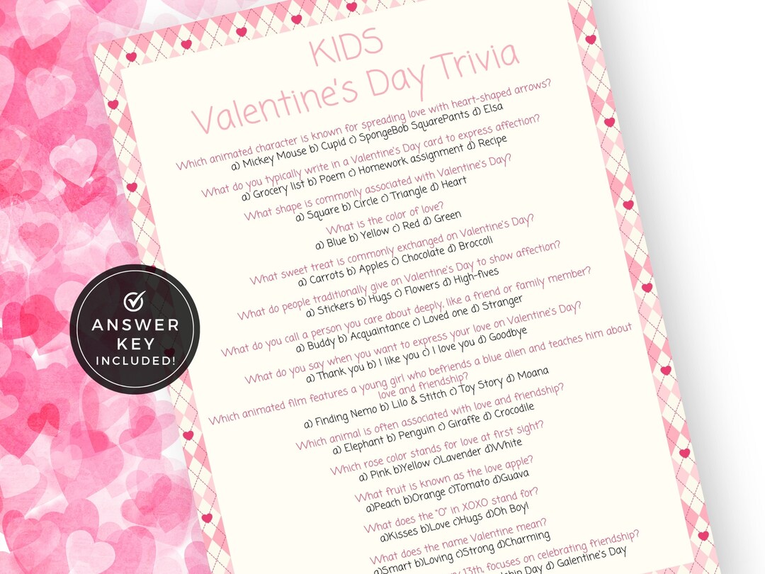 Valentine's Day Trivia Printable. Party Game for Kids . Fun Valentine ...