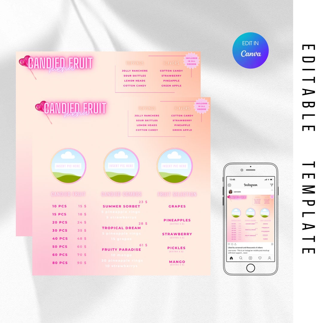 Menu and Price List Template for Your Small Business. Candied Fruit - Etsy