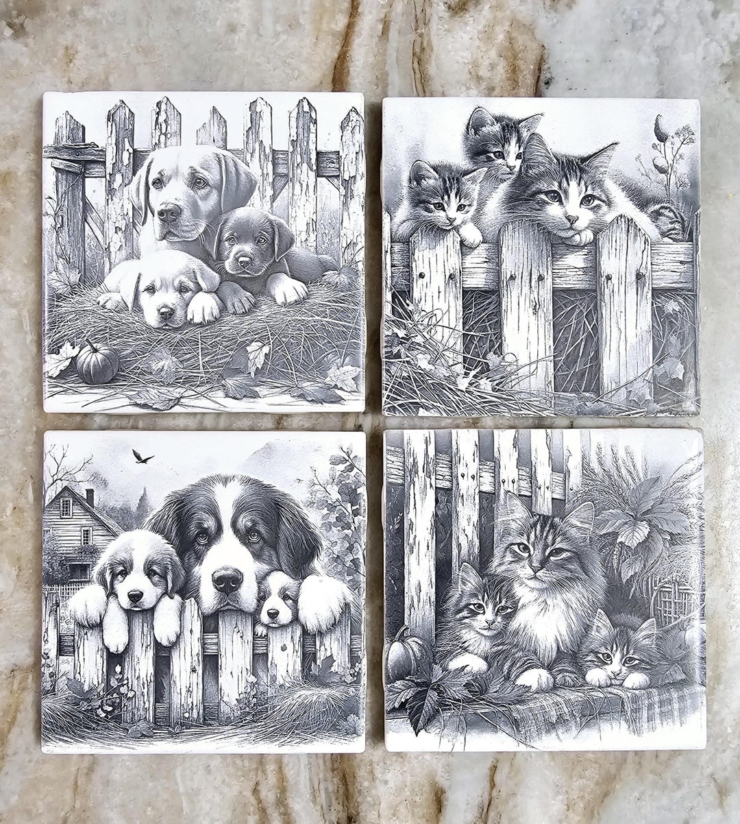 4 X4 Inch Ceramic Tile, Laser Engraved, Puppies and Kittens, Sweet Pets ...