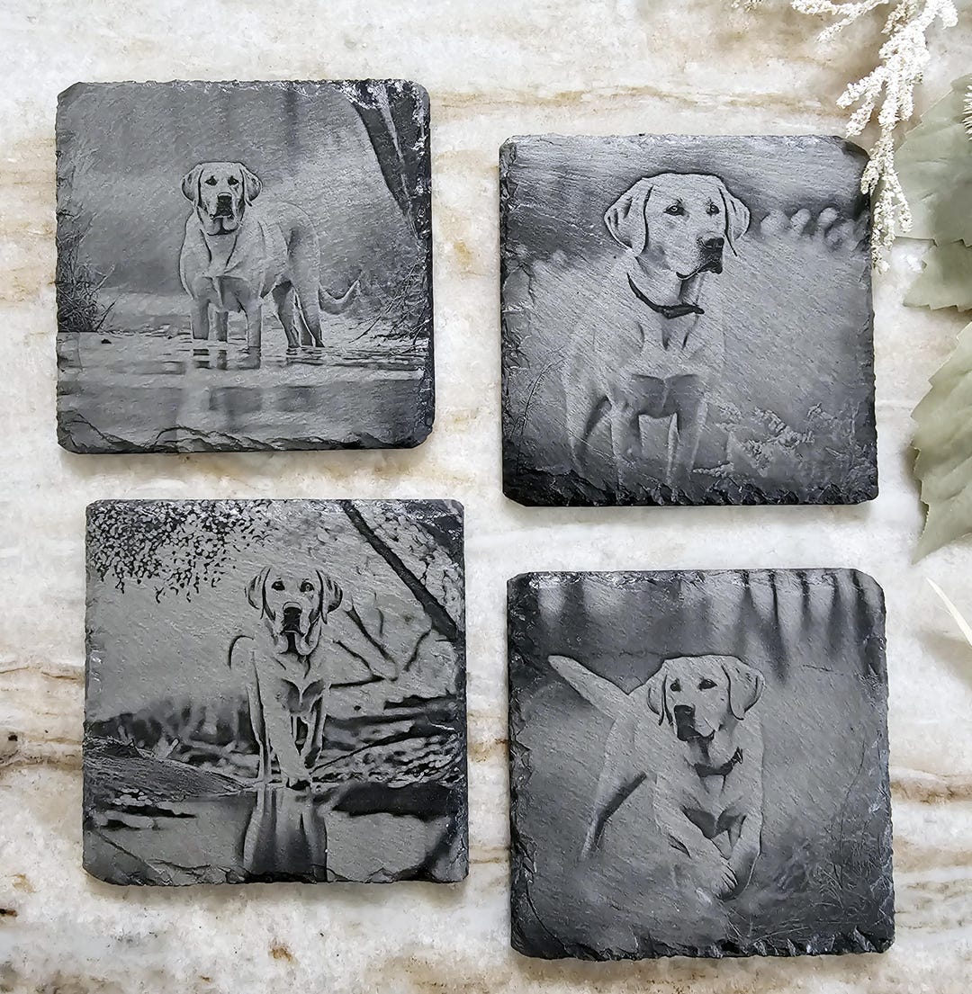 4 Piece Set Engraved Dog Coasters, Lab, Labrador Retriever, Duck Dog ...