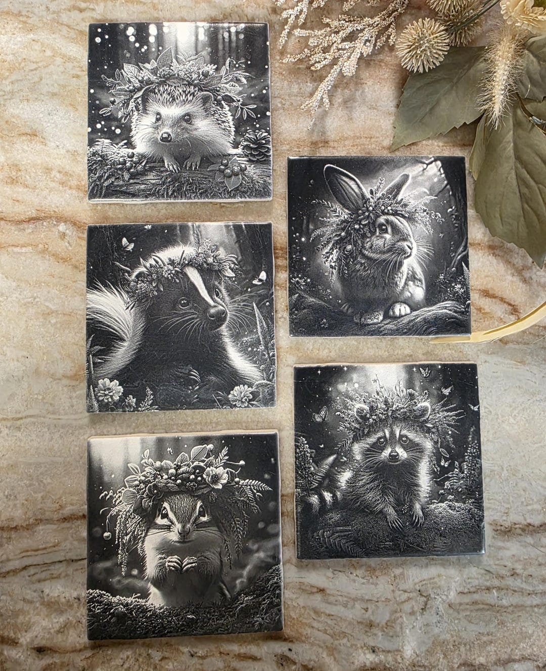 Woodland Animals Laser Engraved Ceramic Tiles, Set of 5 - Etsy