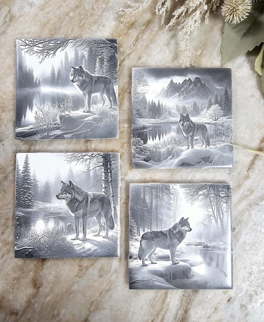 Laser Engraved Wolf Ceramic Tile Coasters, Set of 4 - Etsy
