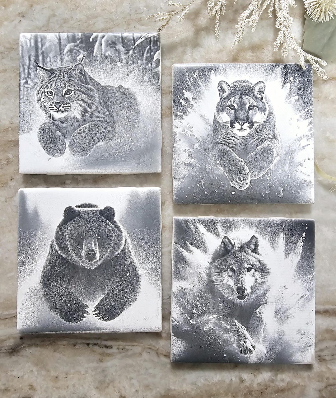 Wildlife Laser Engraved Ceramic Tile Set, Mountain Lion, Bear, Lynx ...