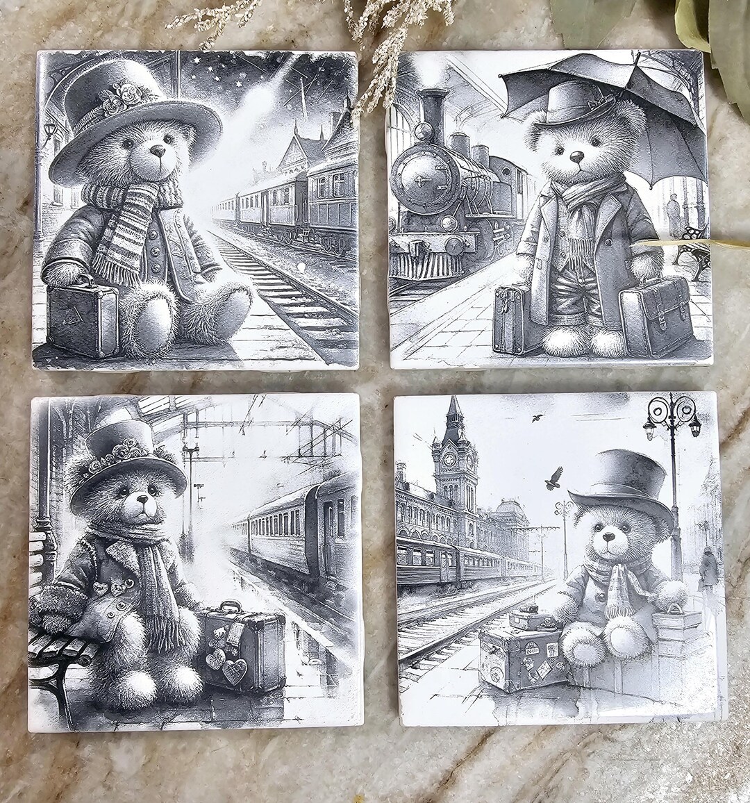 4 X4 Inch Ceramic Tile, Set of 4, Laser Engraved, Teddy Bear, Train ...