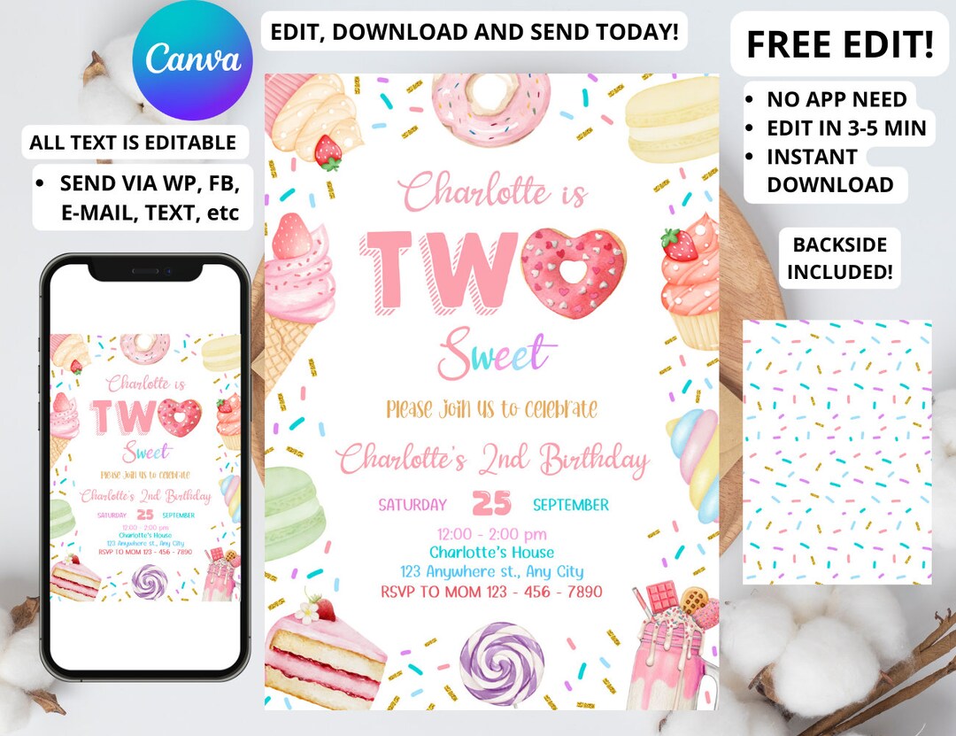 Two Sweet Birthday Invitation 2nd Birthday Girl Donut Invitation Blush ...