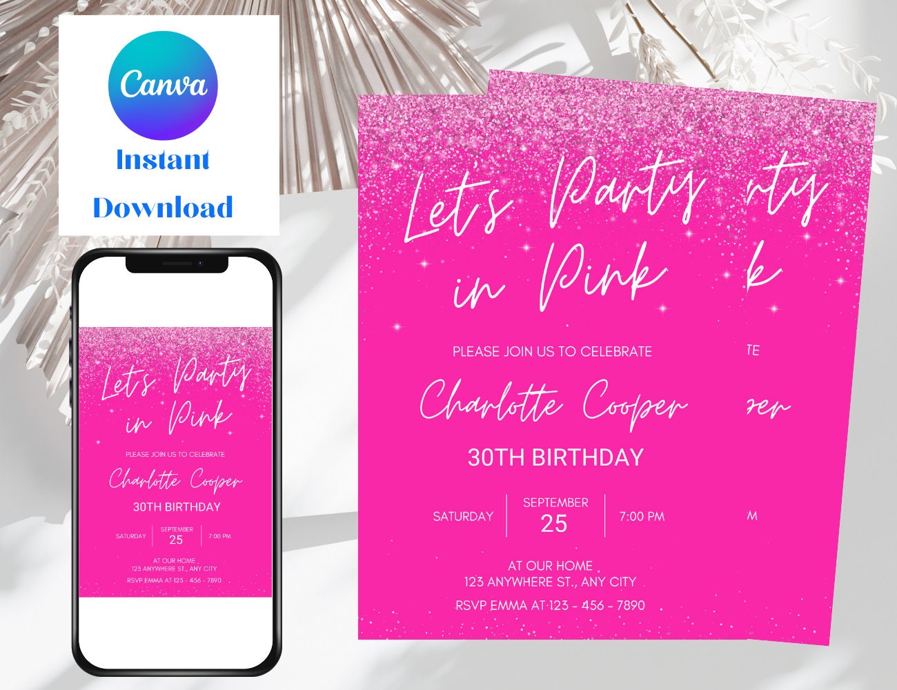 Editable Lets Party in Pink Birthday Invitation, Printable Birthday ...