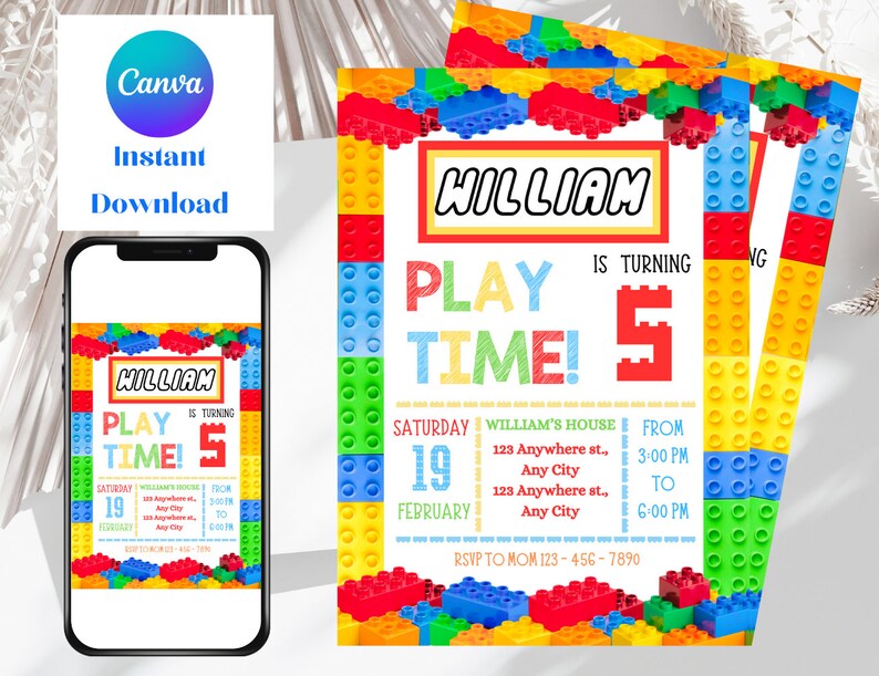 Building Blocks Birthday Invitation Building Bricks Kids Birthday Party ...