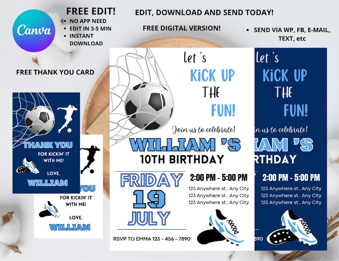 Editable Soccer Birthday Invitation Template, Soccer Birthday ...