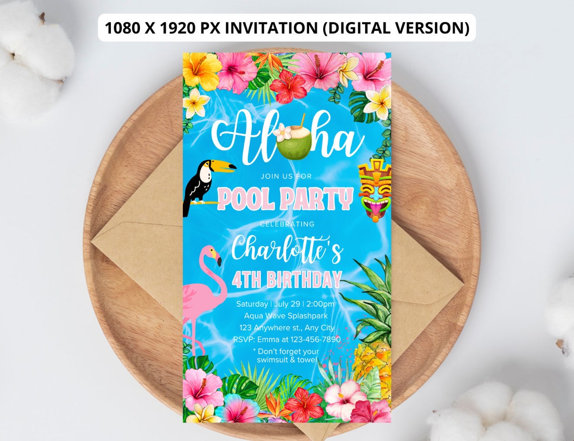Editable Aloha Pool Party Invitation, Hawaiian Birthday Invite ...