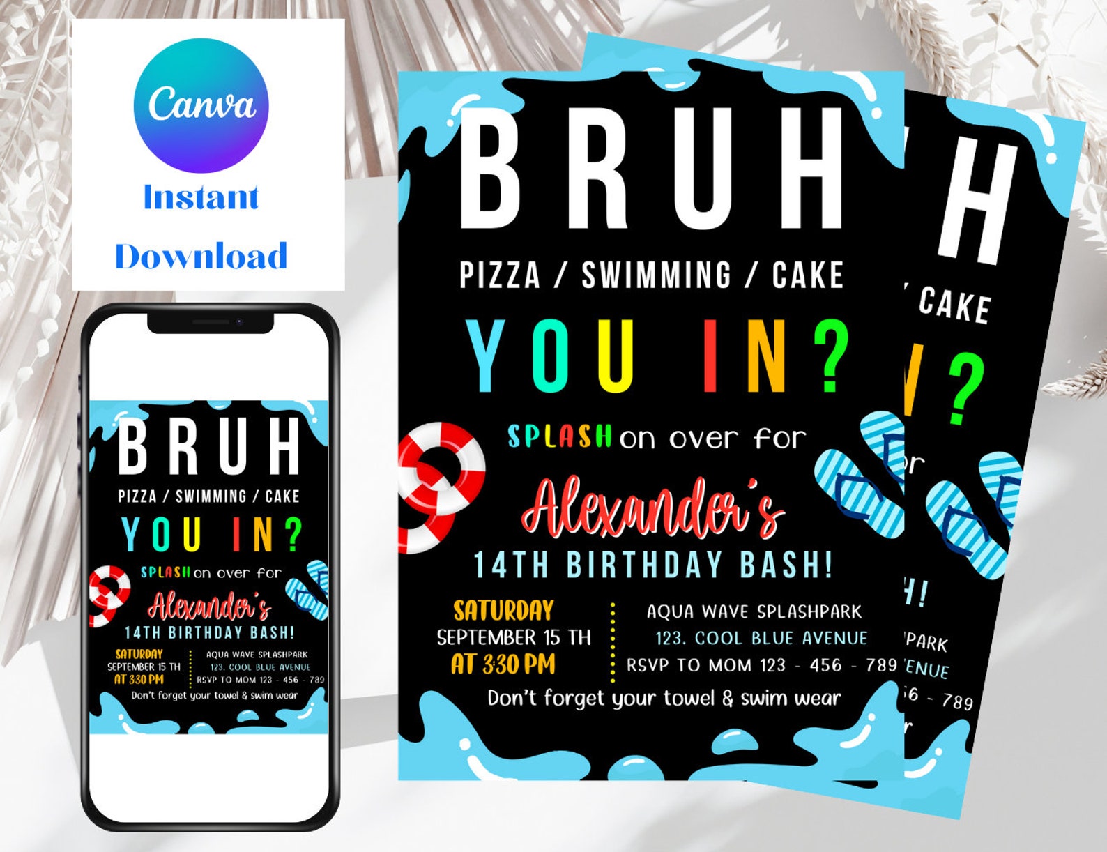 Bruh Birthday Invitation, Boy Pool Birthday Party Invitation, Bruh It's ...