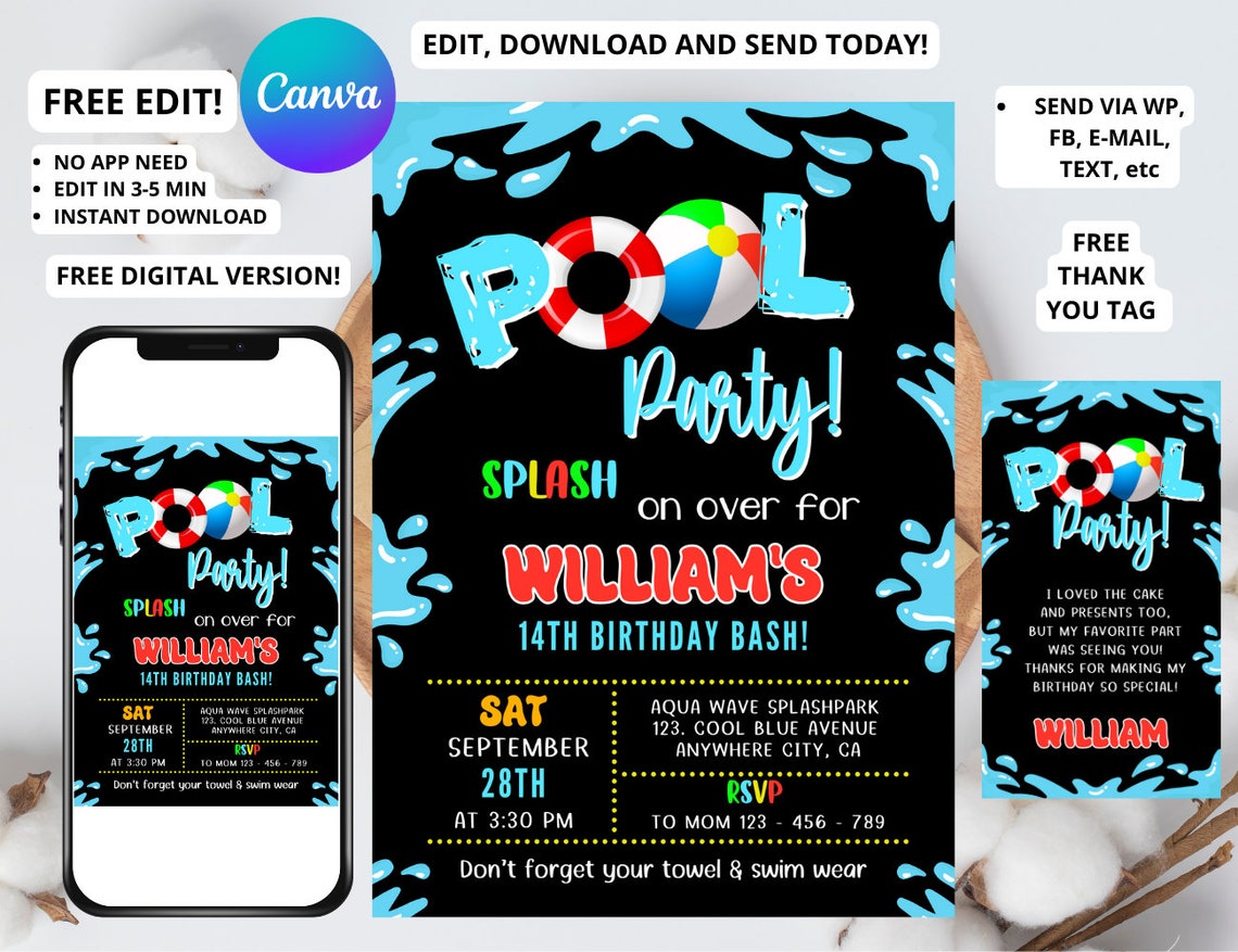 Editable Pool Party, Pool Party Birthday, 4x6 & 5x7, Splash Invitation, Splash on Over, Swimming ...