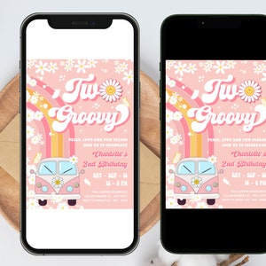 Editable TWO Groovy Girl Pink Peach Van Daisy Rainbow Groovy 2nd ...