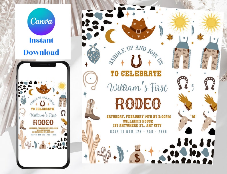 Editable My First Rodeo Invitation Cowboy Birthday Invite Wild West ...
