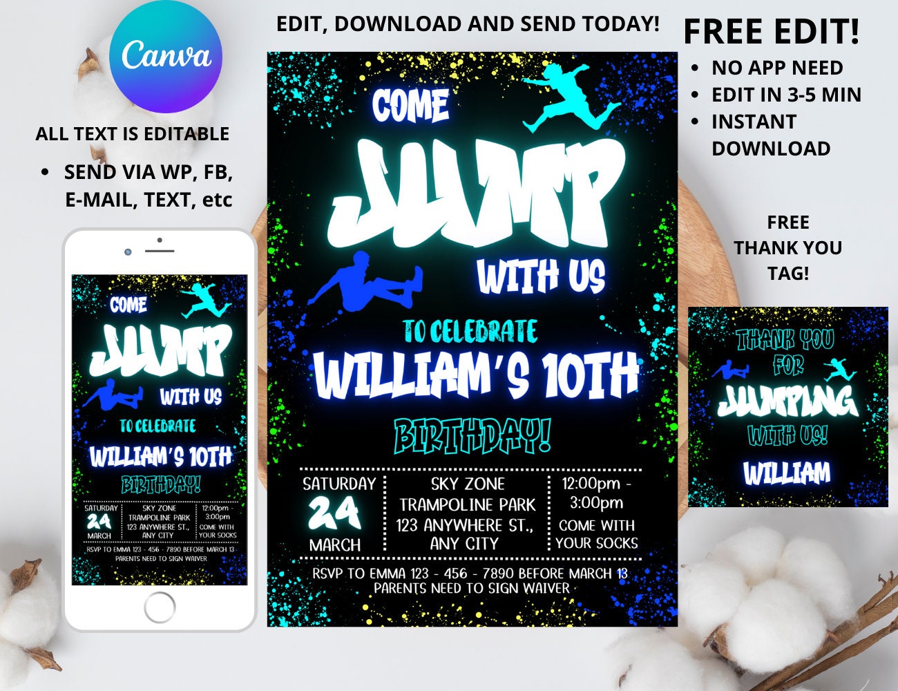 Trampoline Park Birthday Party Invitation, Trampoline Park Invite, Jump ...