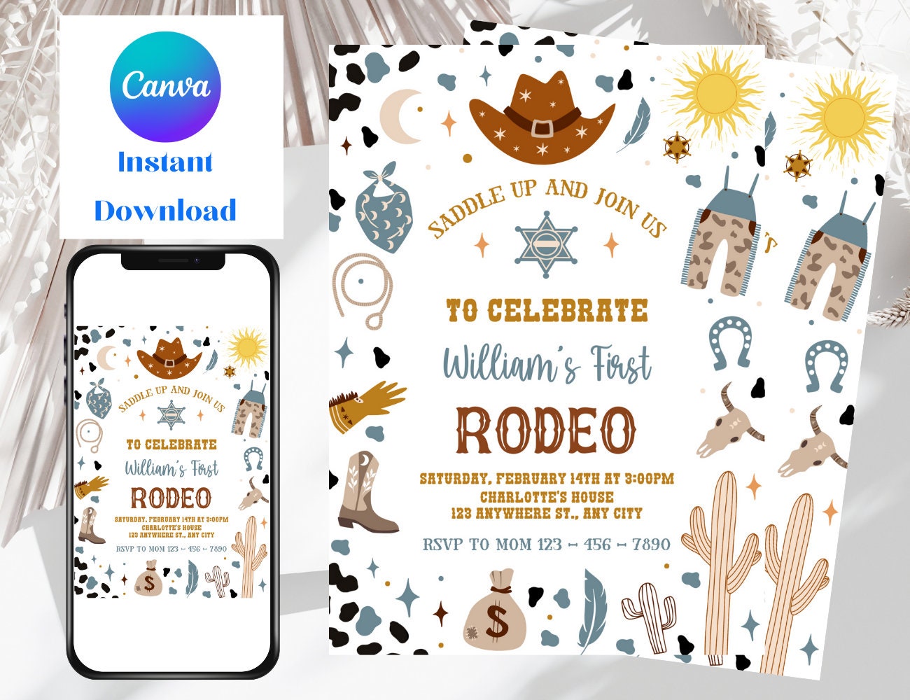 Editable My First Rodeo Invitation Cowboy Birthday Invite Wild West ...