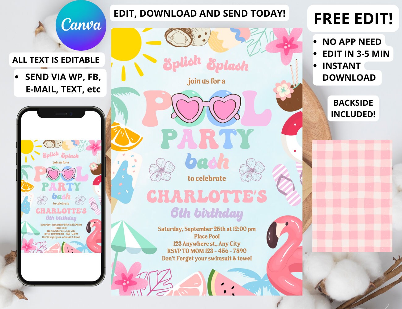 Editable Pool Party Invitation Tropical Splish Splash Girly Pool Party ...