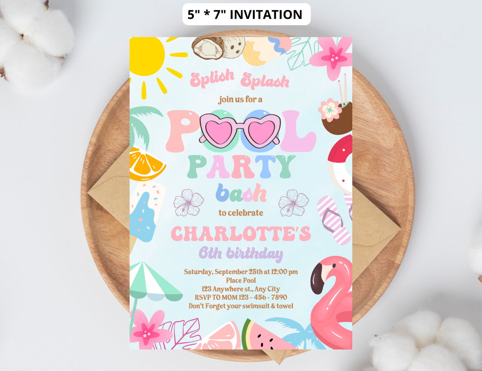 Editable Pool Party Invitation Tropical Splish Splash Girly Pool Party ...