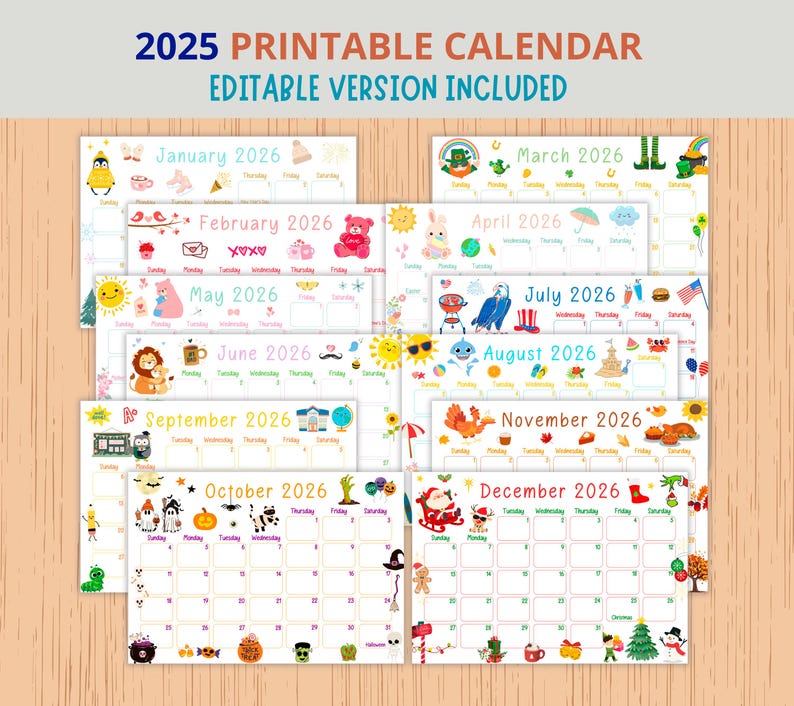 2026 Calendar Printable,cute Kids Calendar 2026,wall Calendar Pdf ...