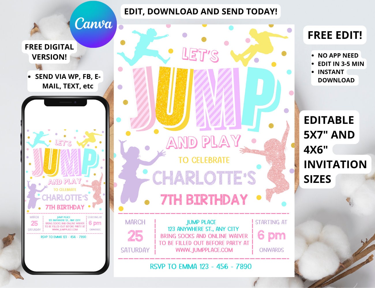 Jump Invitation Editable Jump Birthday Invite Trampoline Party Bounce ...