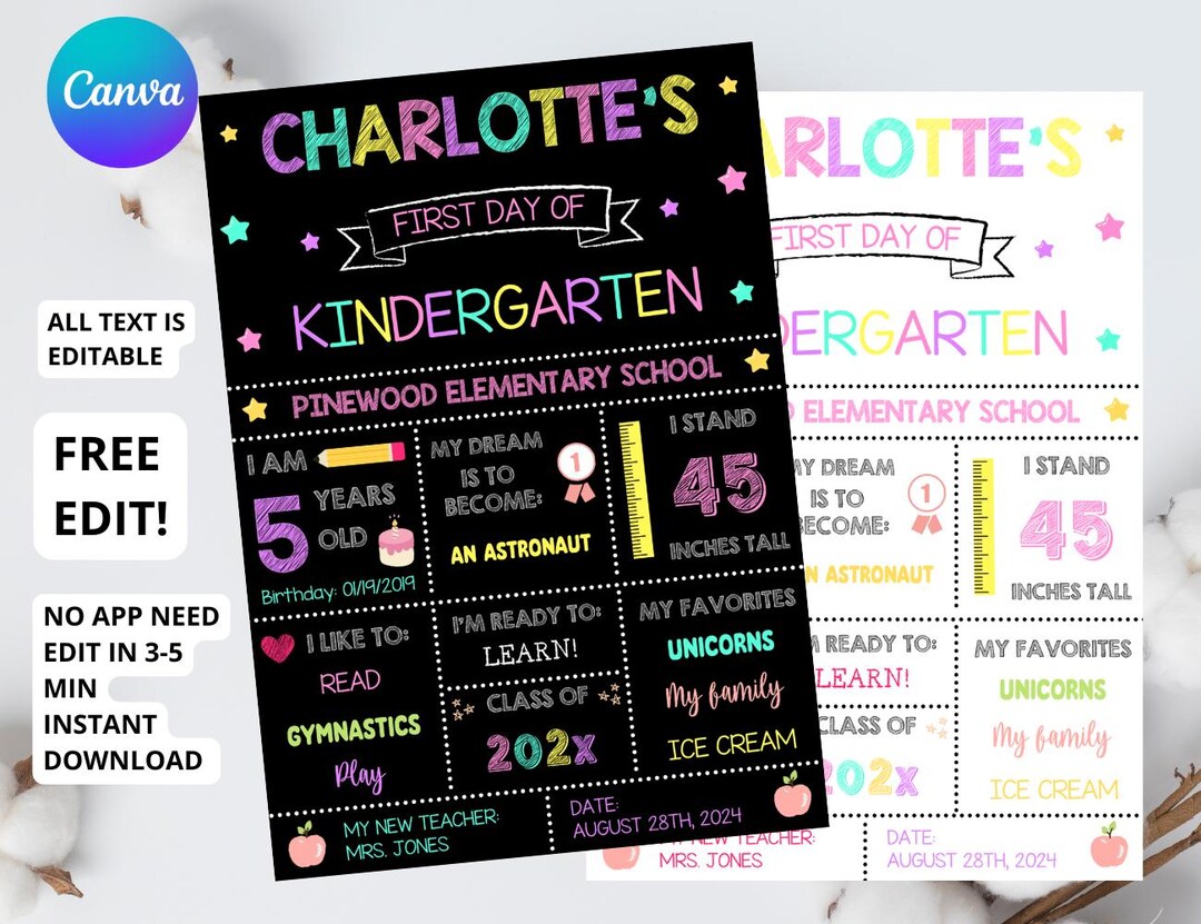 Chalkboard Back to School Sign, Editable First Day of School Sign ...