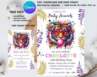 Party Animals Birthday Invitation, Tiger Jungle Theme, Safari Party ...