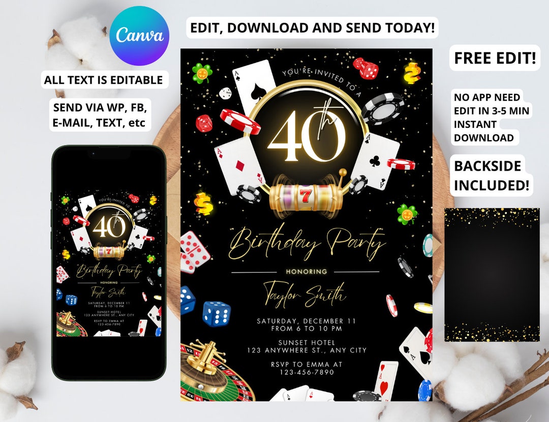 Editable Casino Birthday Invitation, 21st 30th 40th 50th Poker Birthday ...