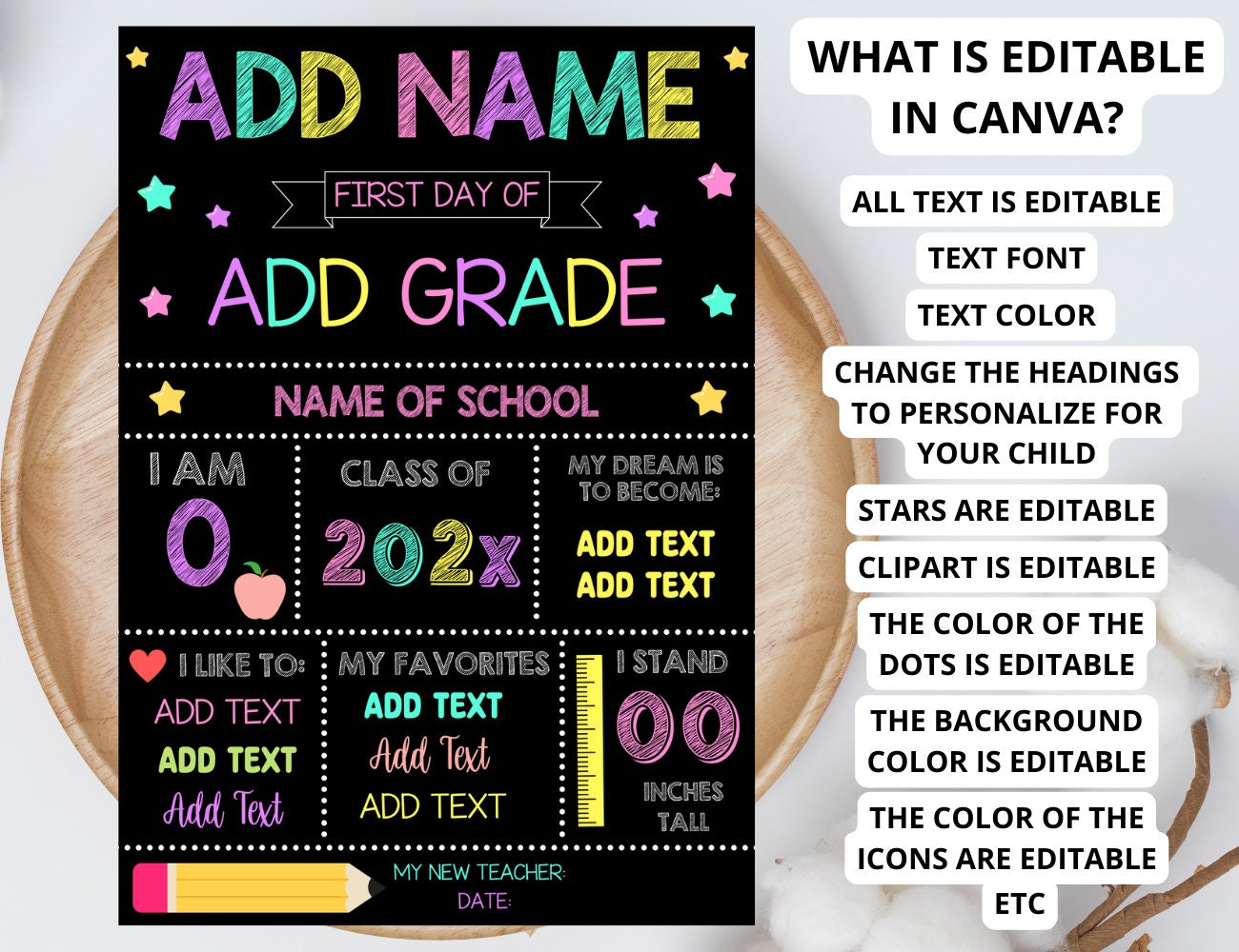 Chalkboard Back to School Sign, Editable First Day of School Sign ...