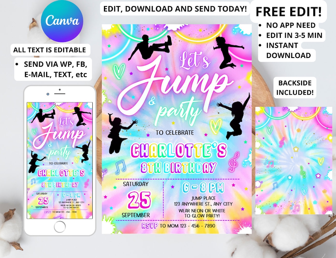 Editable Jump Birthday Party Invitation Tie Dye Jump Birthday Party ...