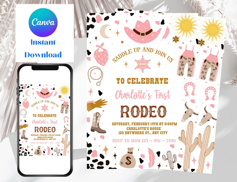 Editable My First Rodeo Invitation Cowgirl Birthday Invite Wild West ...